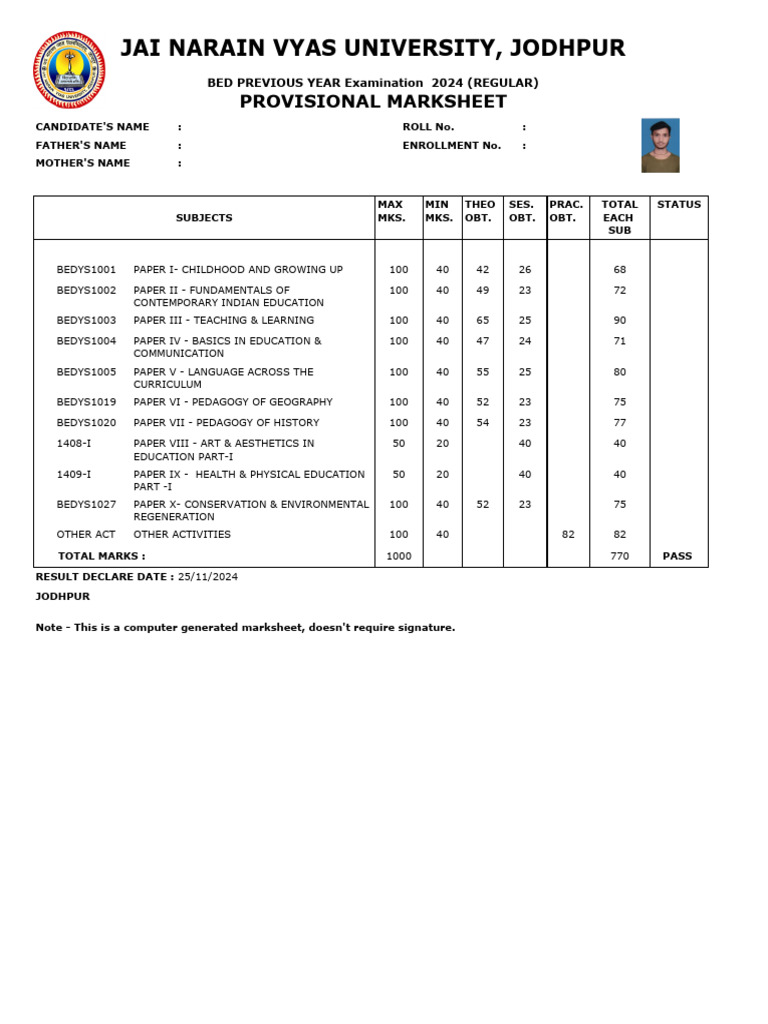 Jai Narain Vyas University, Jodhpur: Provisional Marksheet | PDF