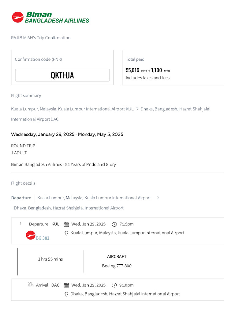 Biman Bangladesh Airlines - Print Confirmation | PDF | Transport | Civil Aviation