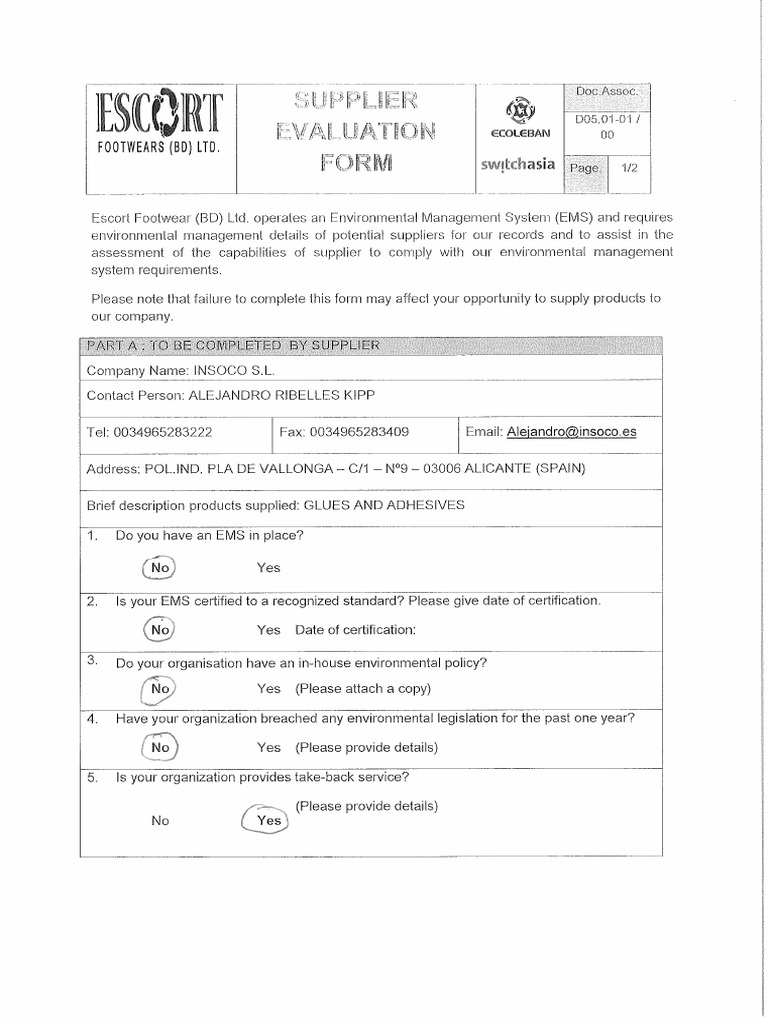 Escort Supplier Evaluation Form | PDF