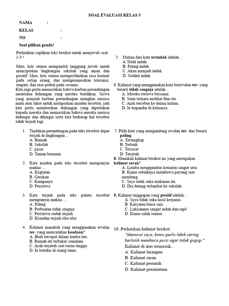 Soal Evaluasi Kelas 5 | PDF