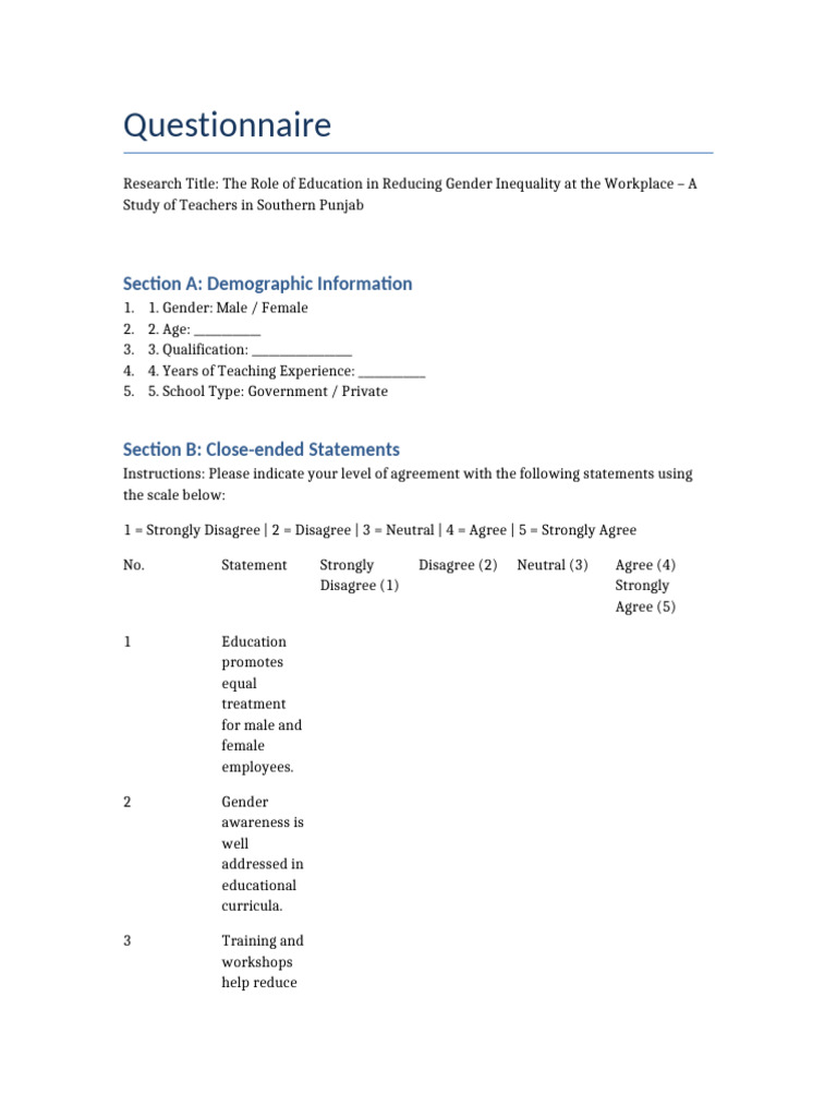 Gender Inequality Questionnaire With Tables | PDF | Gender Role | Woman