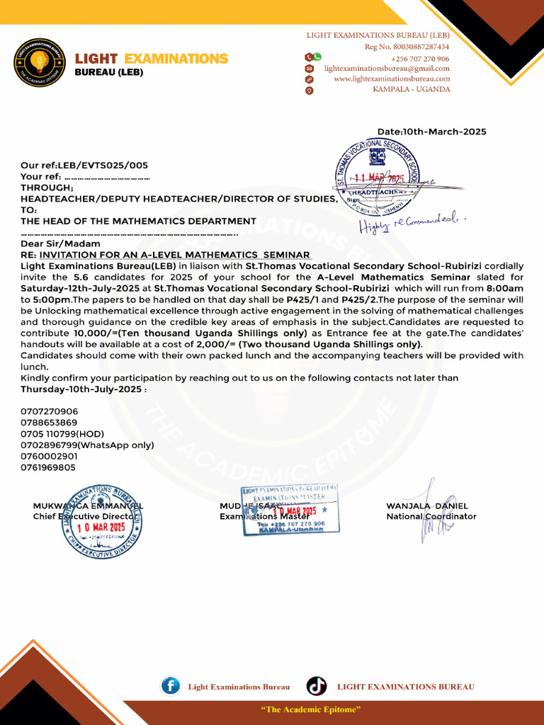 Leb A-Level Mathematics Seminar Invitation Letter-Stvssr | PDF