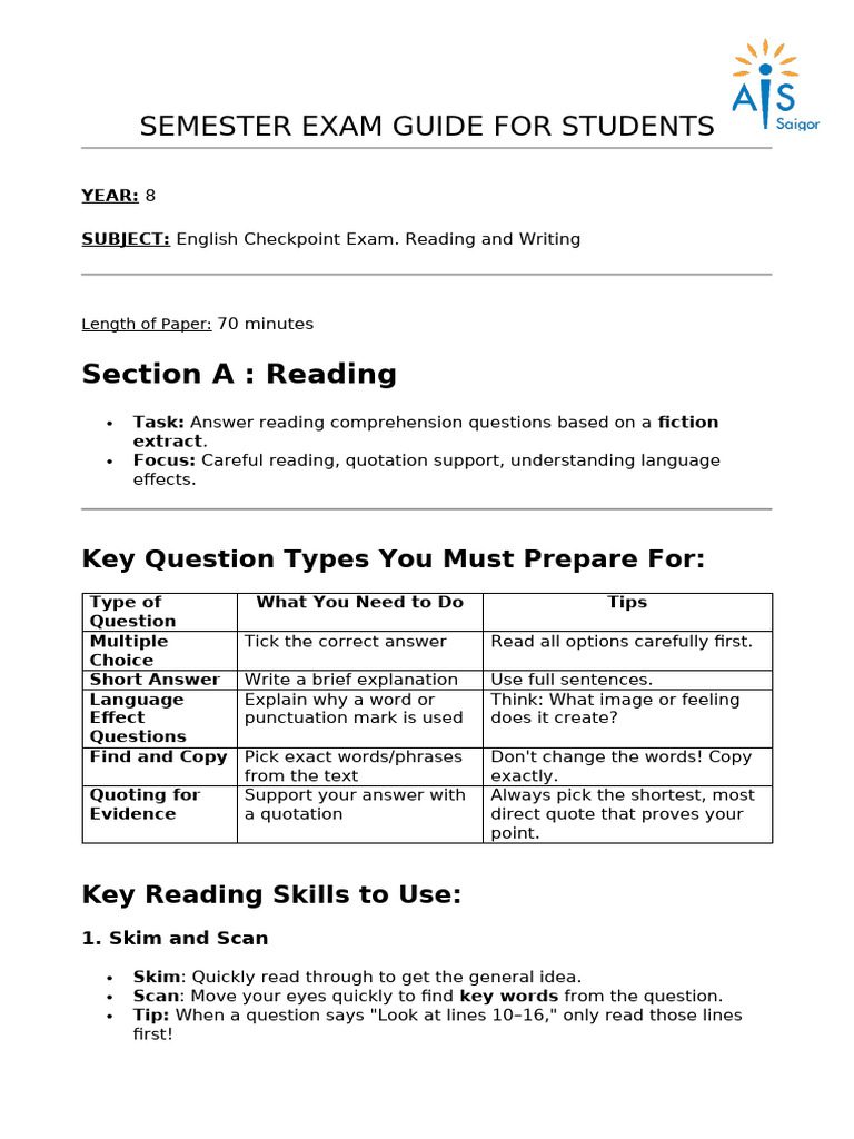 Year 8 Semester Exam Guide | PDF | Adverb | Syntax
