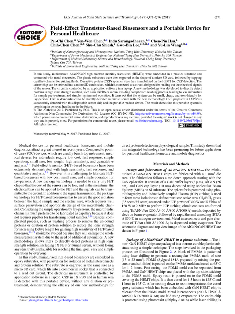 Field-Effect Transistor-Based Biosensors and a Portable Device forPersonal Healthcare | PDF ...