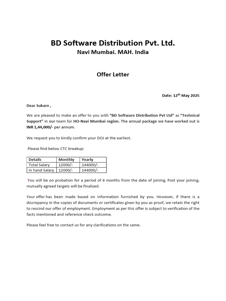 Sukarn Pal Offer Letter | PDF