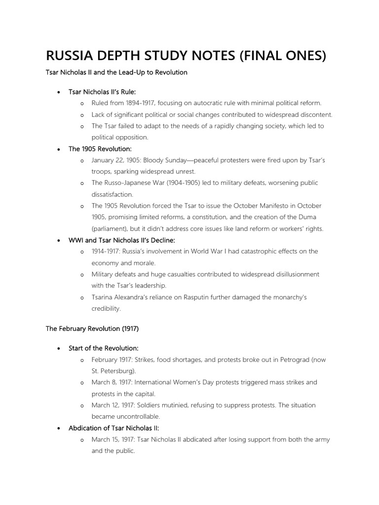 History Depth Study Notes | PDF | Vladimir Lenin | Bolsheviks