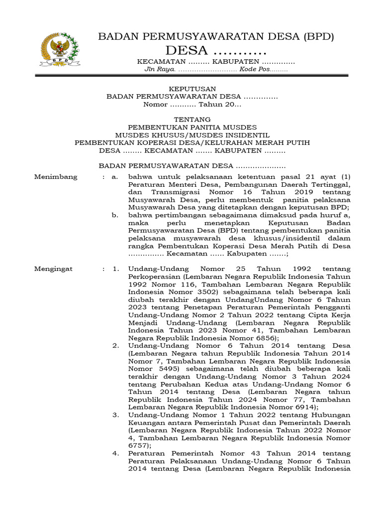 SK Panitia Musdes Kopdes Merah Putih (WWW - Pendamping-Desa - Com) | PDF