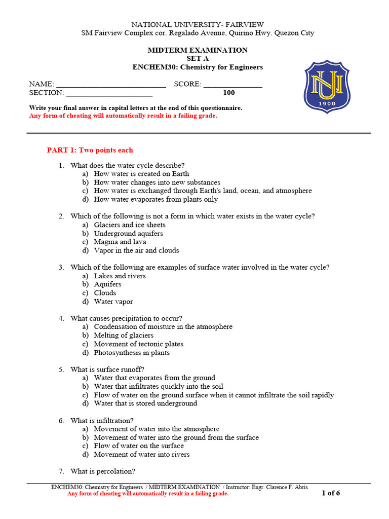 Midterm Exam | PDF | Polymers | Water
