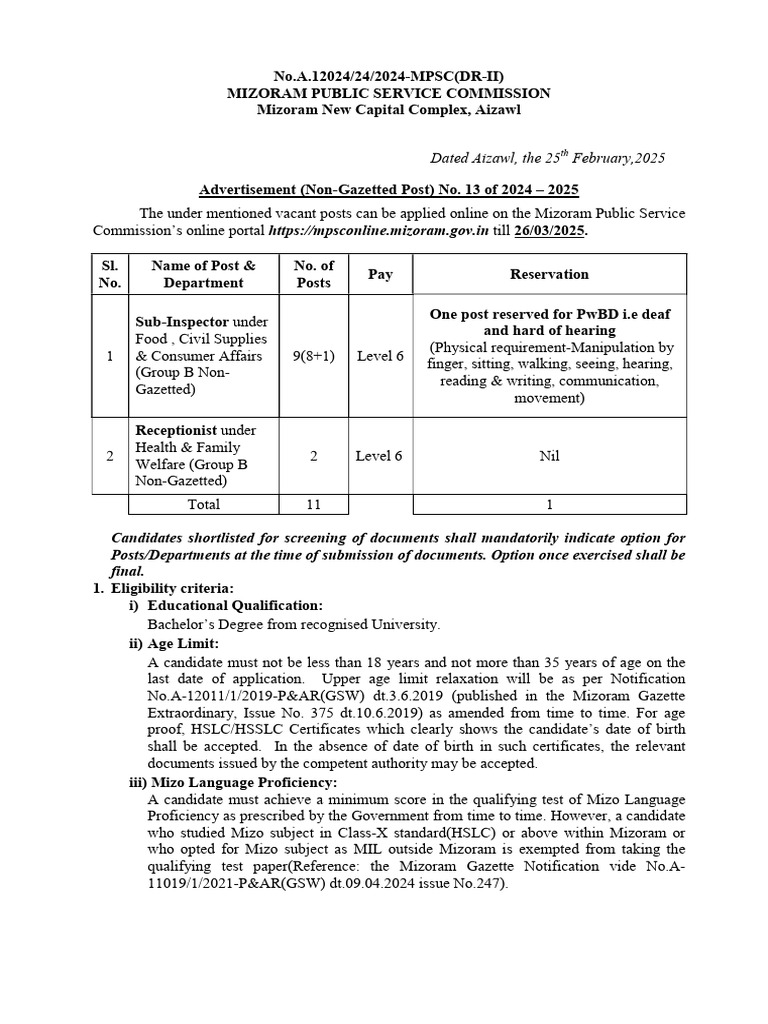 Advertisement Non Gazetted Post No 13 of 2024 25 Combined GR B NG ...