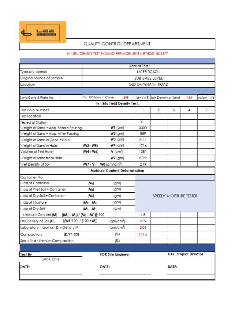 Field Test - Insitu Density Test-Okpanam Road.xlsx [Group] | PDF ...
