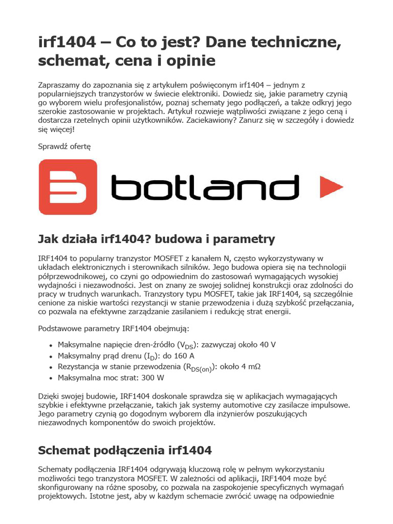 Irf1404 - Co To Jest - Dane Techniczne, Schemat, Cena I Opinie | PDF