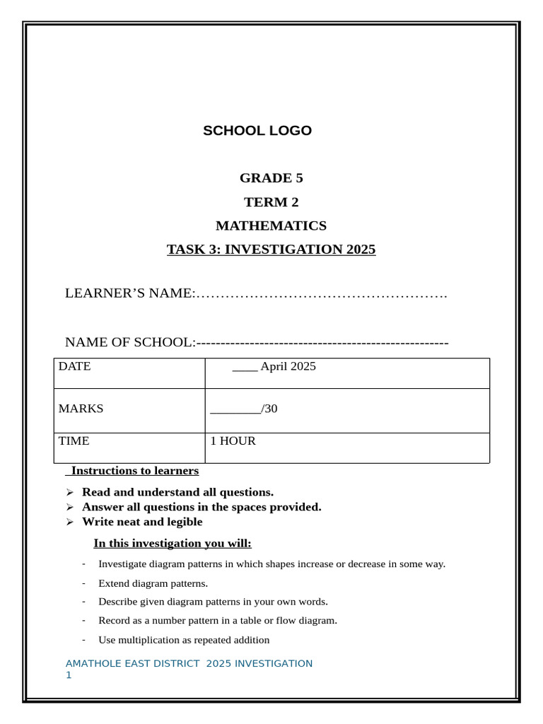 Grade 5 Term 2 Math Investigation | PDF