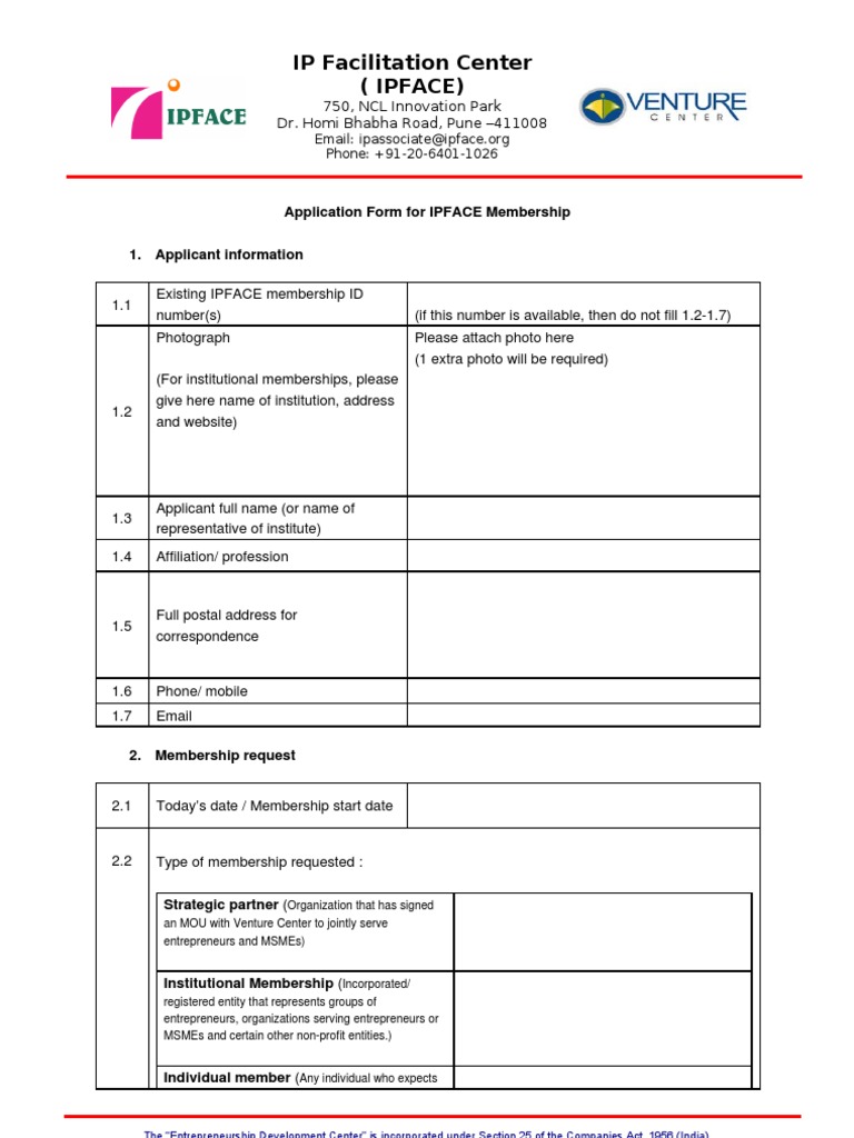 IP Facilitation Center (Ipface) : Application Form For IPFACE ...