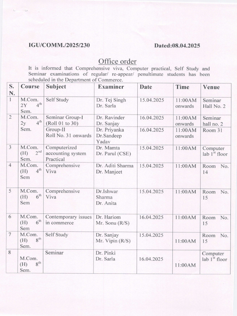 SelfStudy Seminar Time Table | PDF | Educational Stages