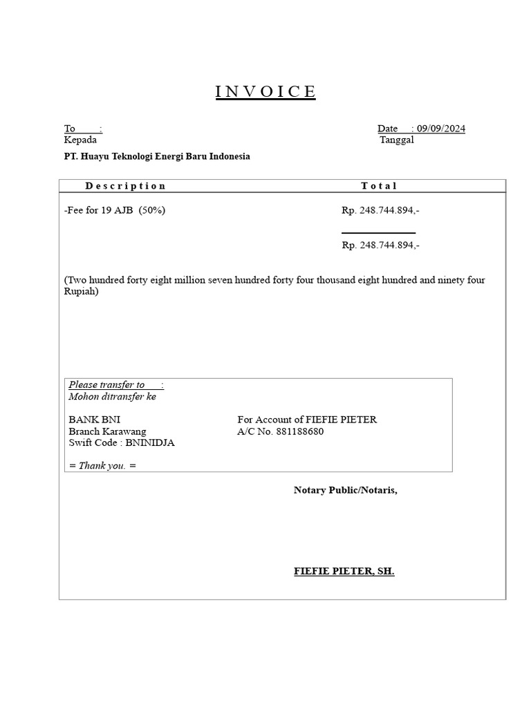 Agreement Letter Huayu & Invoice, 2024 | PDF