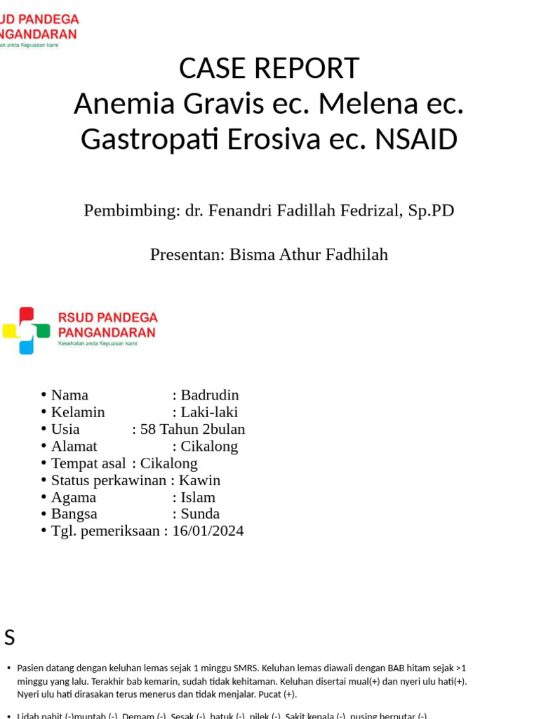 Anemia Gravis Ec. Gastropati Erosiva Ec. NSAID | PDF