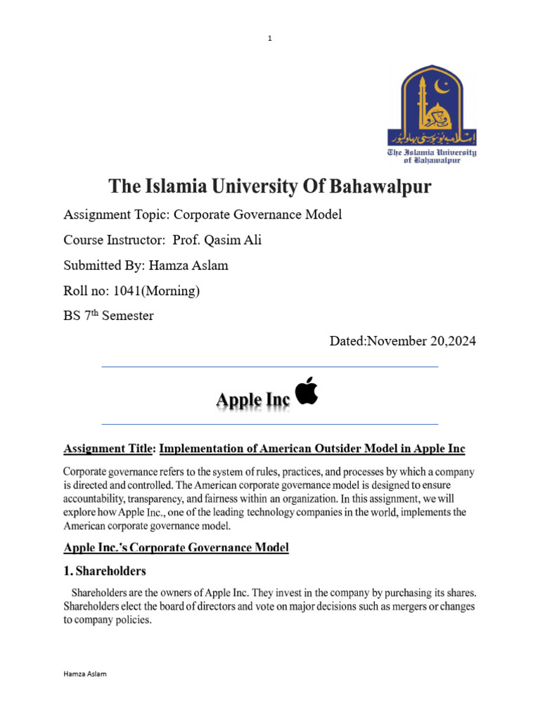 Hamza Aslam Roll #41 (Assignment on Corporate Governance Model | PDF
