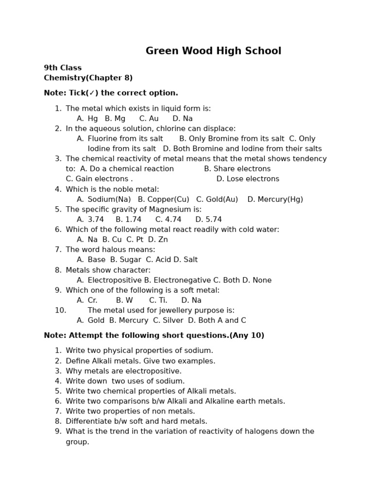 9th Class Chemistry Grp-A | PDF
