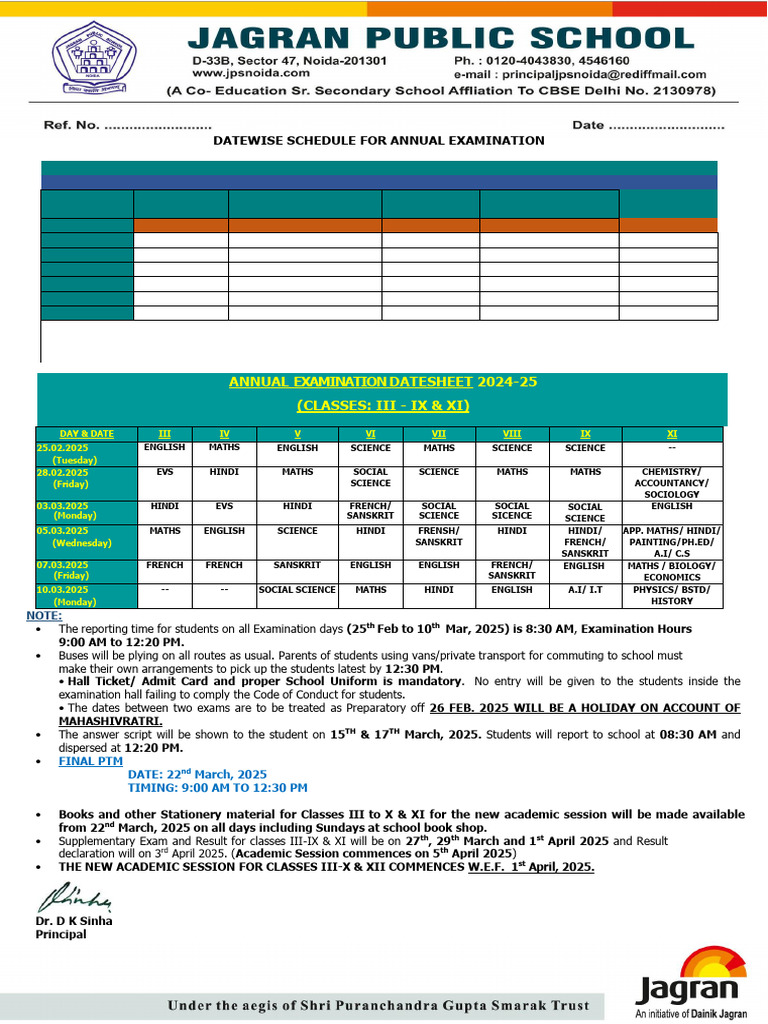 Date Sheet Annual Exam 2024 2025 | PDF