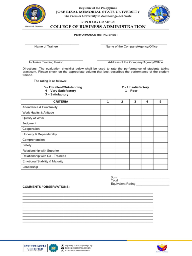 JRMSU Trainee Performance Rating Sheet | PDF | Social Psychology ...