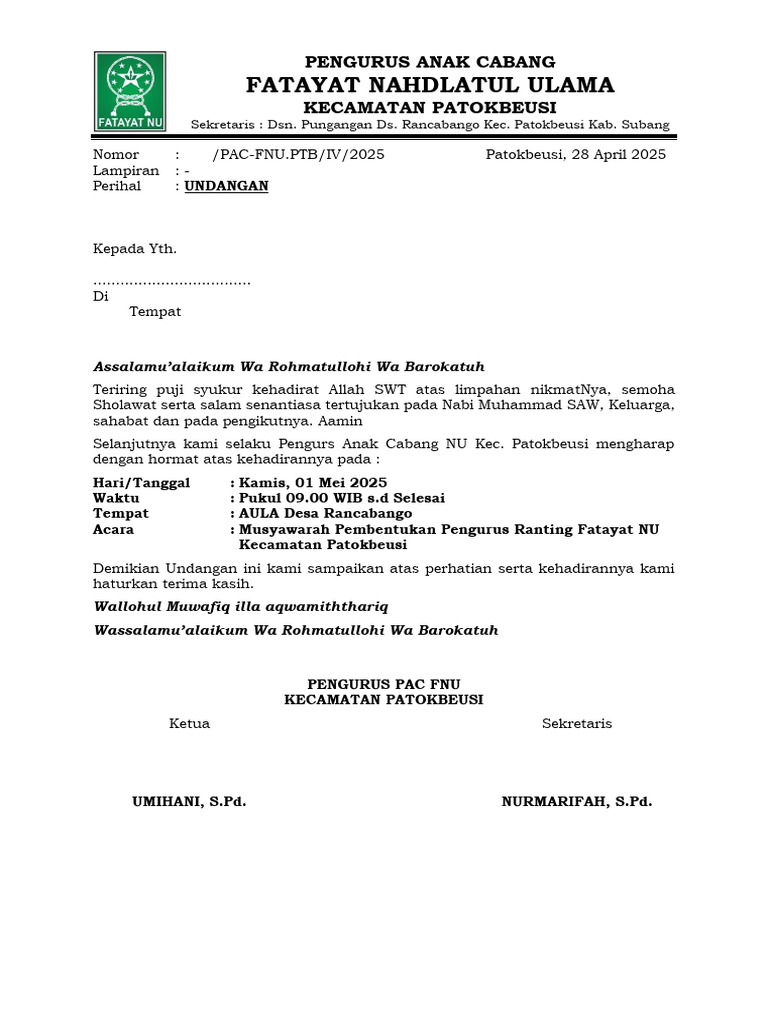 Undangan Fatayat 2025 | PDF