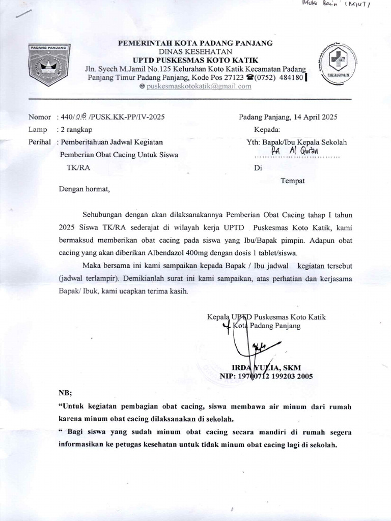 Surat Pemberian Obat Cacing | PDF