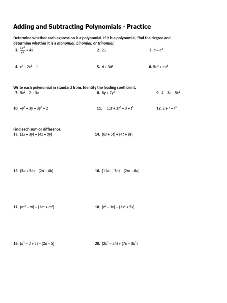 Adding and Subtracting Polynomials C.W | PDF