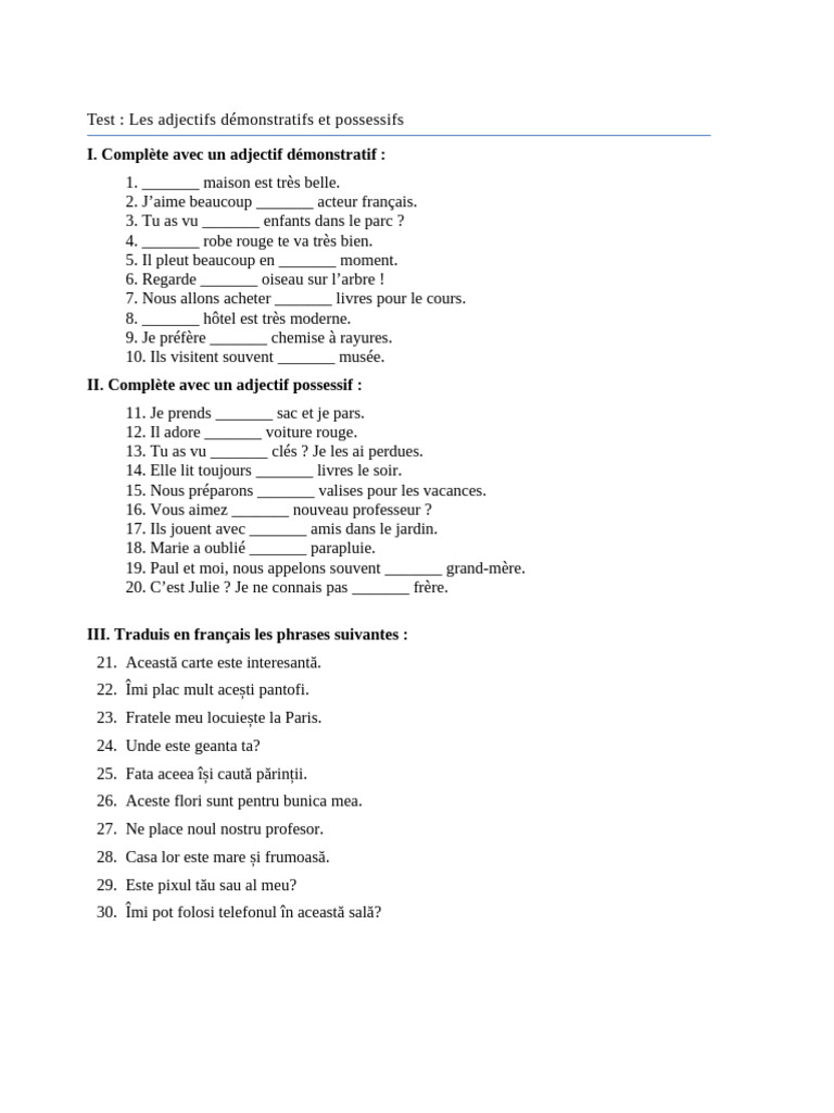 Test Adjectifs Démonstratifs Possessifs | PDF | Échecs | Théorie (échecs)