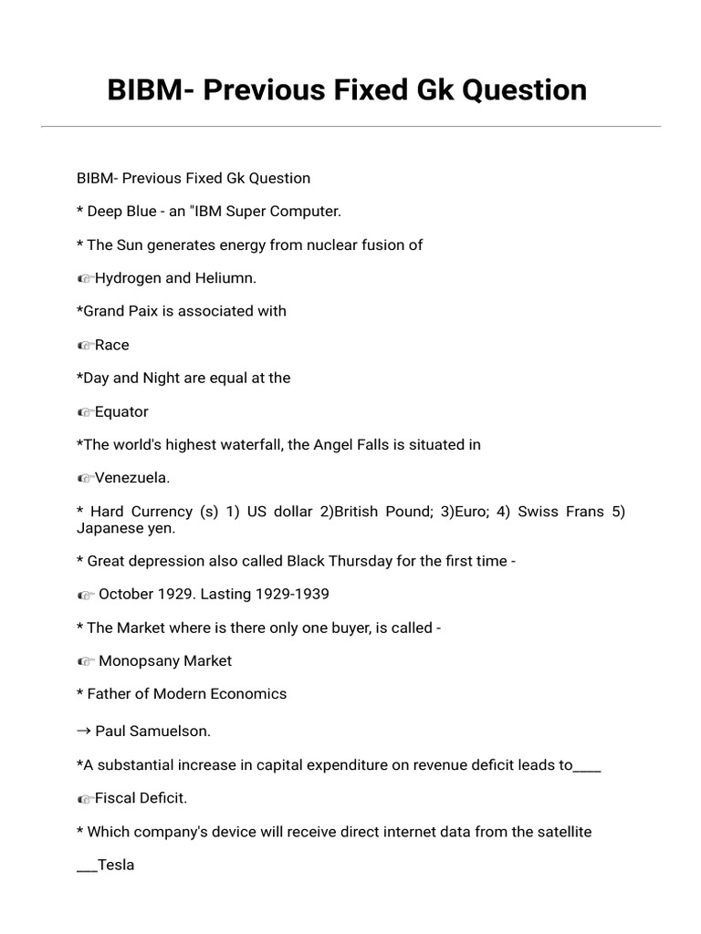 BIBM - Previous Fixed GK Questions | PDF