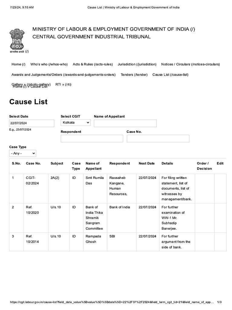 Cause List - Ministry of Labour & Employment Government of India | PDF