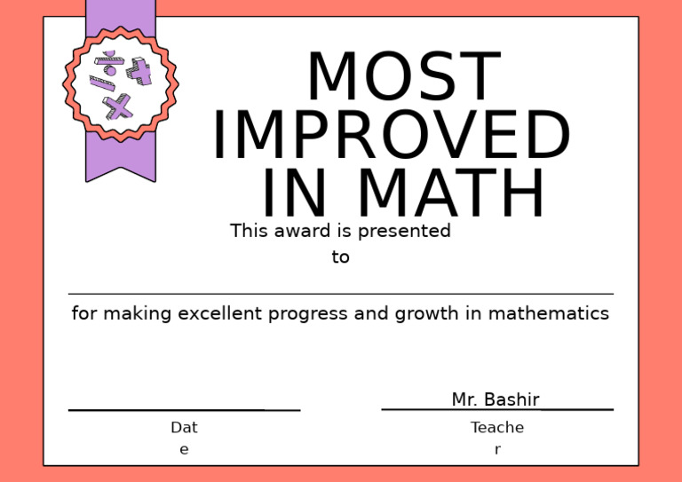 Math Improved Math Award Certificate in Friendly Purple Red Style | PDF