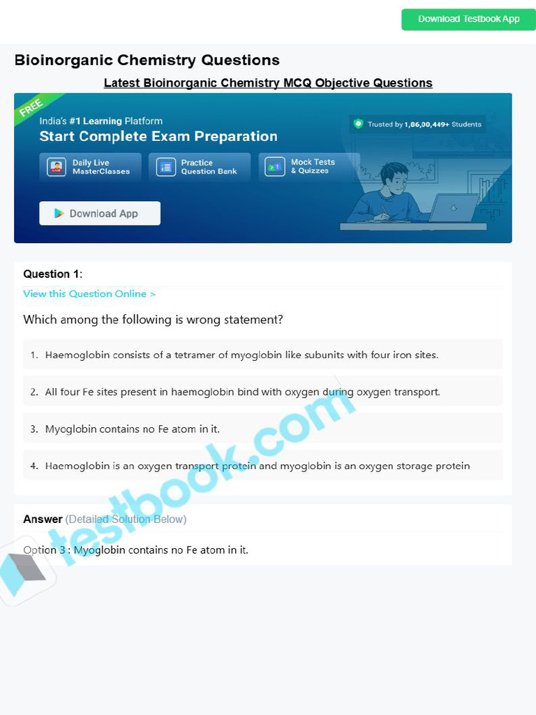 MCQ On Bioinorganic Chemistry 63f34d83c847f388cd048a51 | PDF