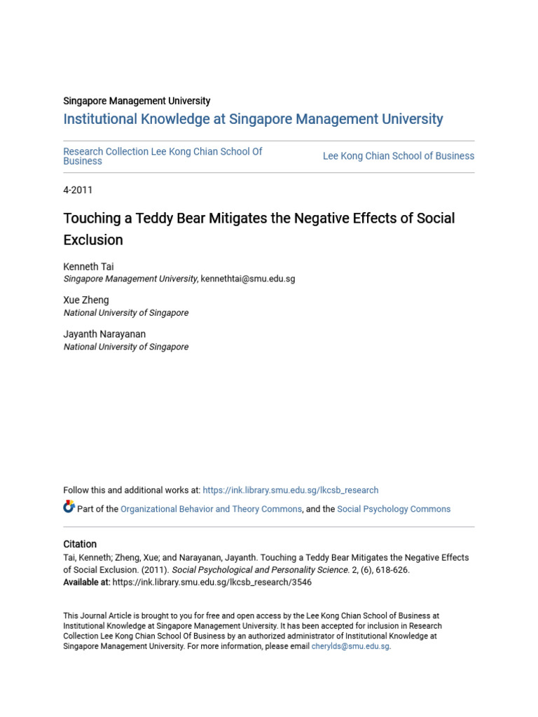 Touching a Teddy Bear Mitigates the Negative Effects of Social Ex | PDF ...