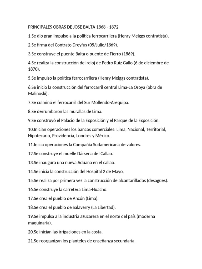 Principales Obras de Jose Balta 1868 | PDF | Lima | América del Sur