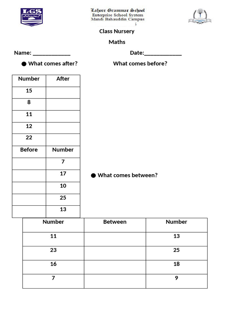 Nursery Class Maths Worksheet | PDF