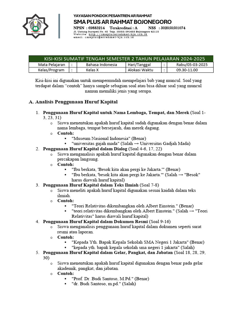 Kisi-kisi Pts Kelas X (2) 2024-2025 | PDF