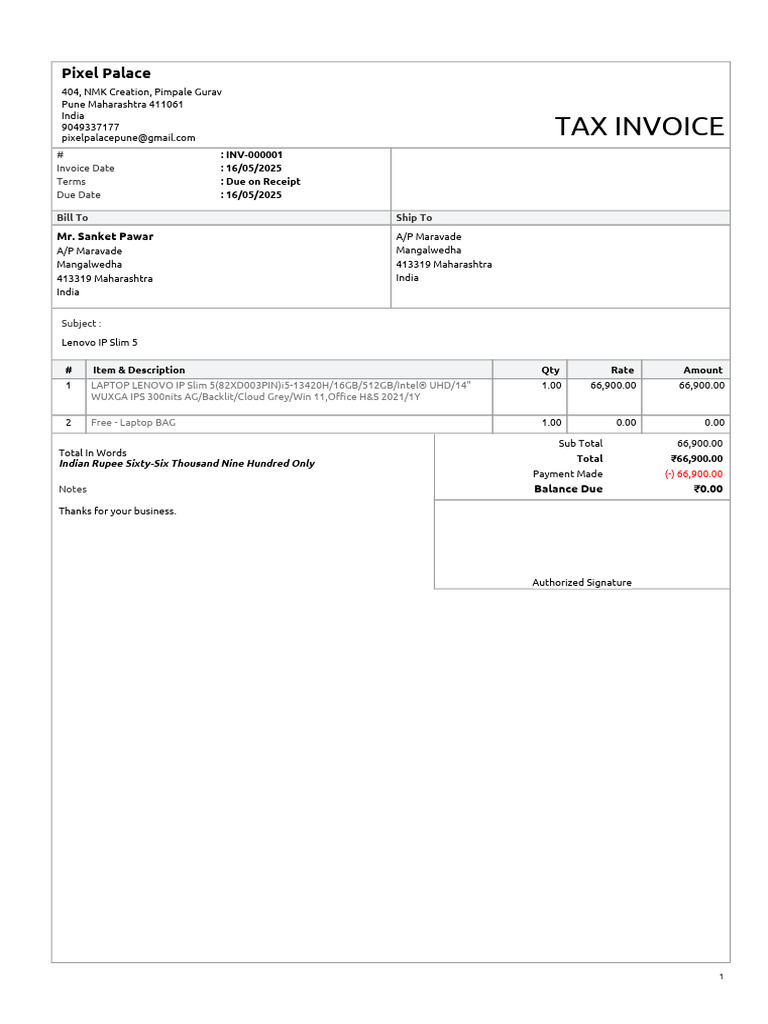 INV-Sanket Pawar Lenovo IP Slim5 | PDF