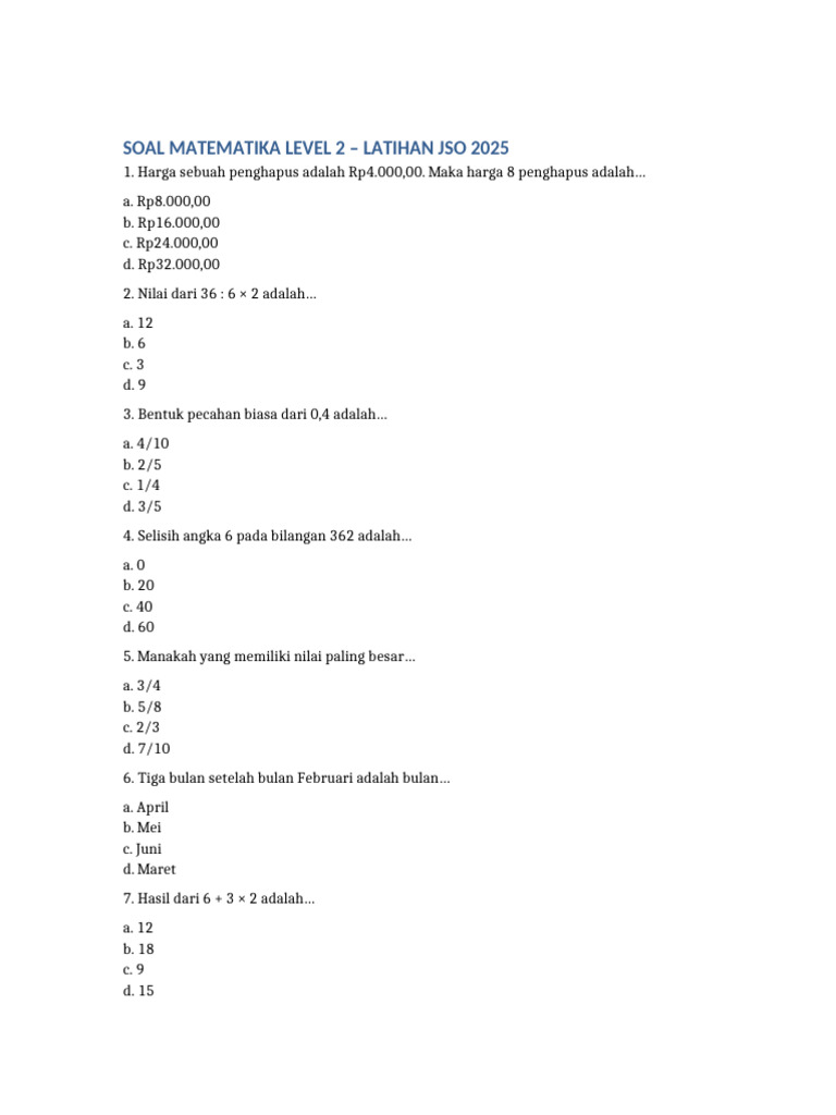 Soal Matematika Level 2 JSO 2025 | PDF