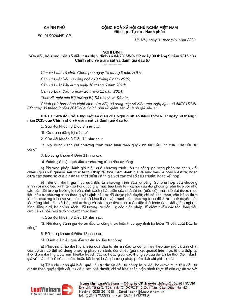 Nghi Dinh 01 2020 ND CP Sua Doi Nghi Dinh 84 2015 ND CP Ve Giam Sat Va Danh Gia Dau Tu | PDF