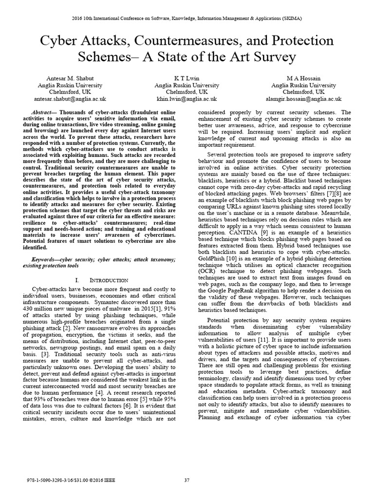 Cyber attacks, countermeasures, and protection schemes - A state of the art survey | PDF ...