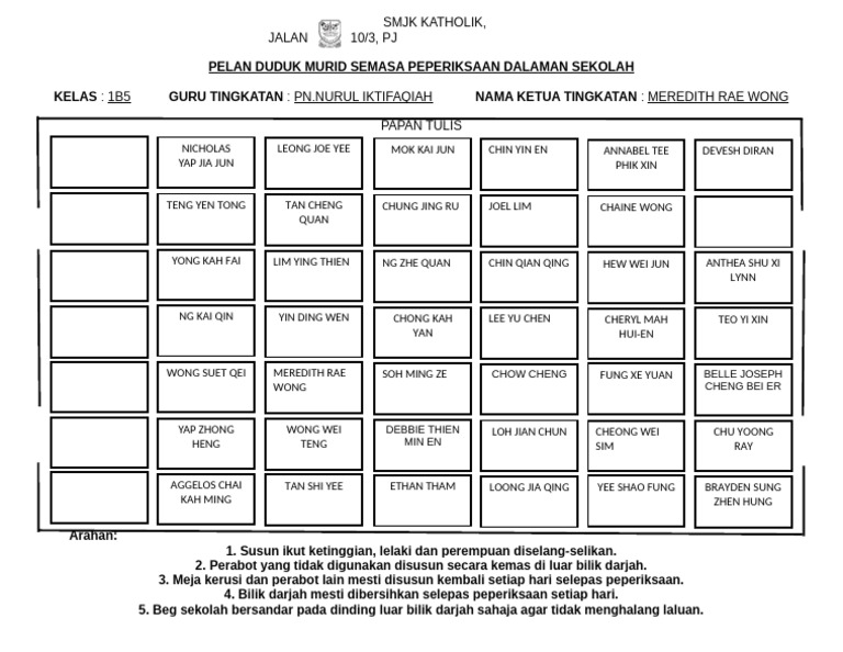 Pelan Duduk Murid Blok E Semasa Peperiksaan Dalaman | PDF