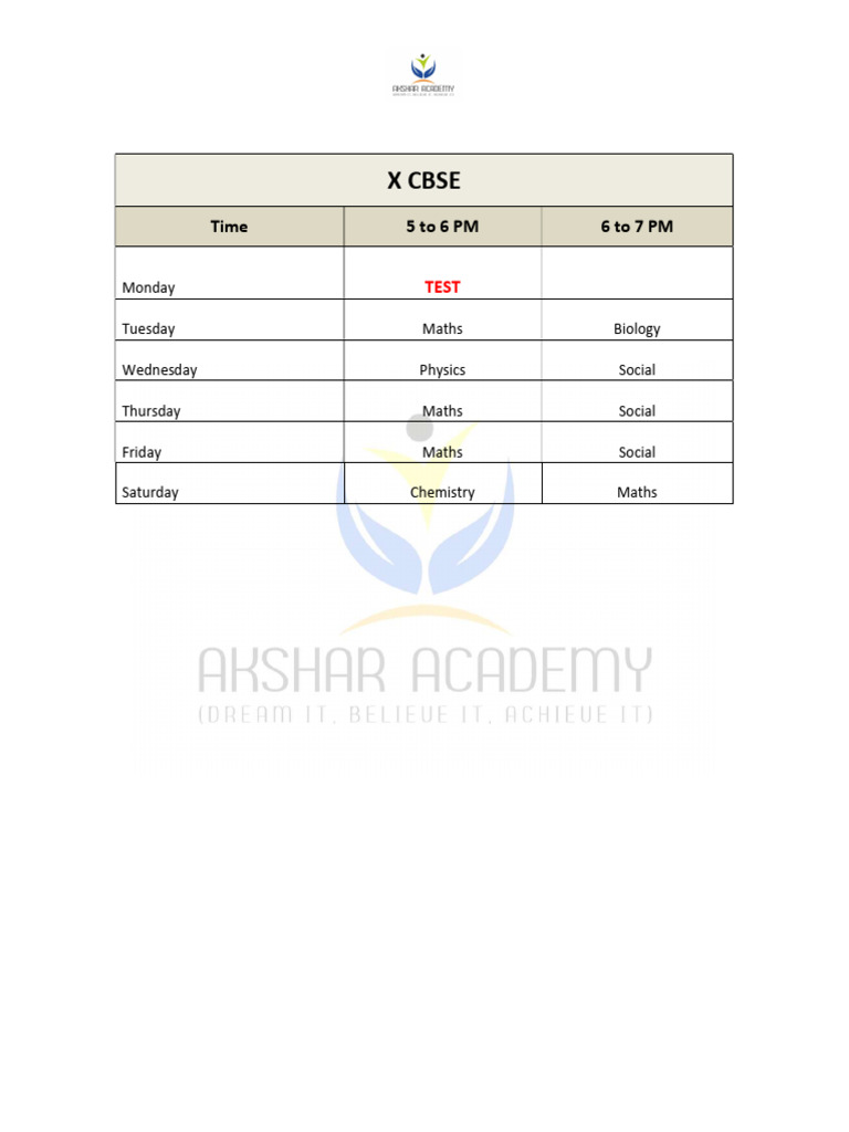 Time Table - Grade X CBSE 5PM - 7PM | PDF