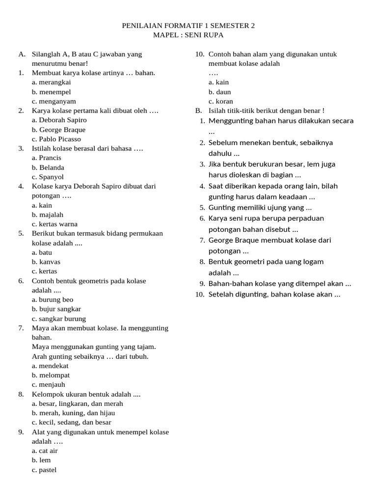 PENILAIAN FORMATIF 1 SEMESTER 2 Seni | PDF