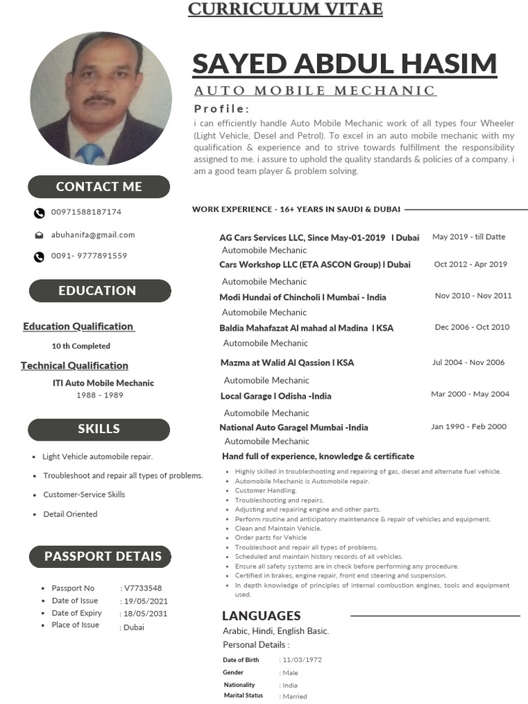 Automobile Mechanic CV: Sayed Abdul Hasim | PDF | Auto Mechanic | Car