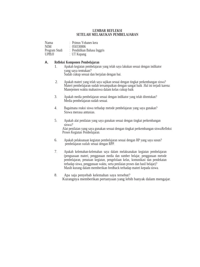 Lembar refleksi pembelajaran- PKM | PDF