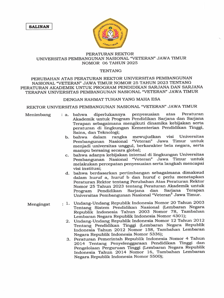 Salinan Peraturan Rektor Nomor 06 Tahun 2025 Tentang Perubahan Atas Pertor Nomor 25 Tahun 2023 ...