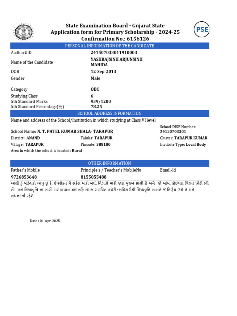 State Examination Board - Gujarat State Application Form For Primary Scholarship - 2024-25 ...