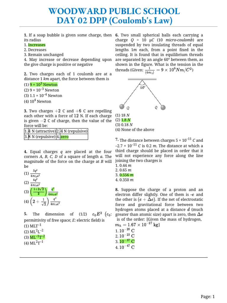 Day 02 DPP (Coulomb's Law) | PDF | Force | Physical Phenomena