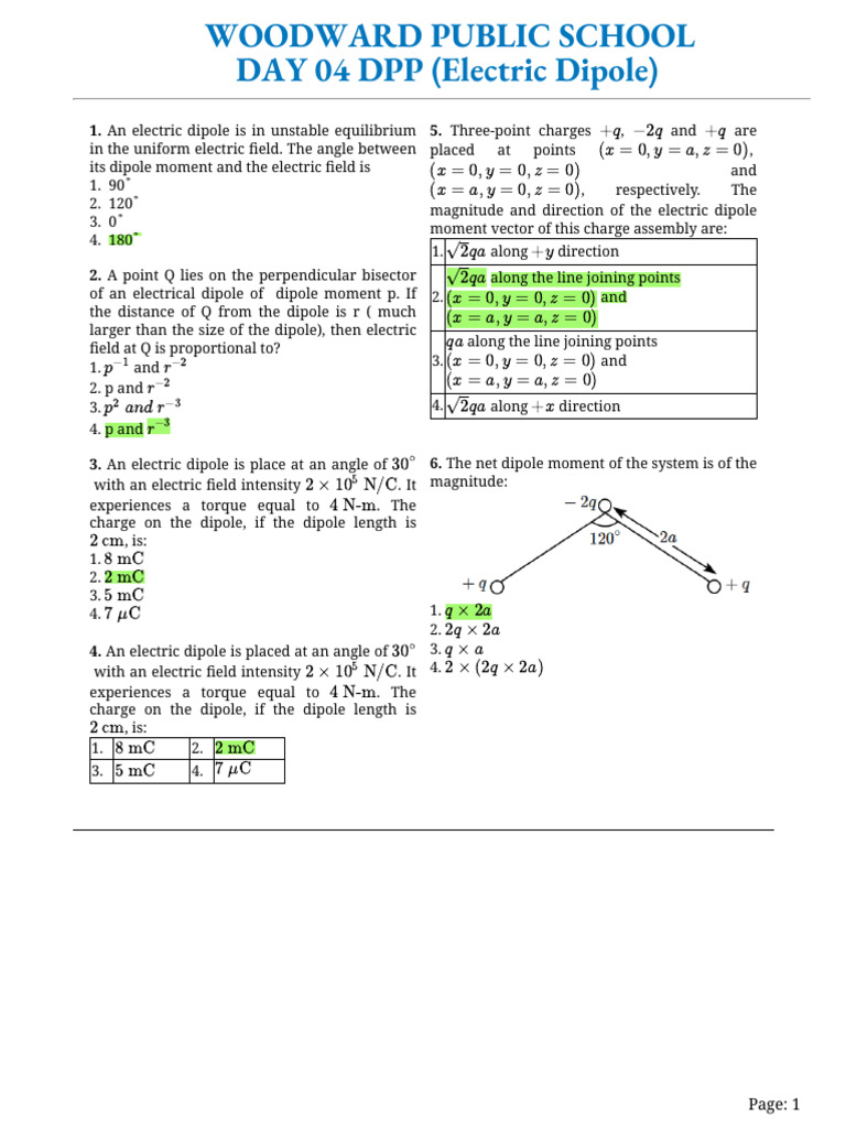 Day 04 DPP (Electric Dipole) | PDF | Dipole | Electric Field