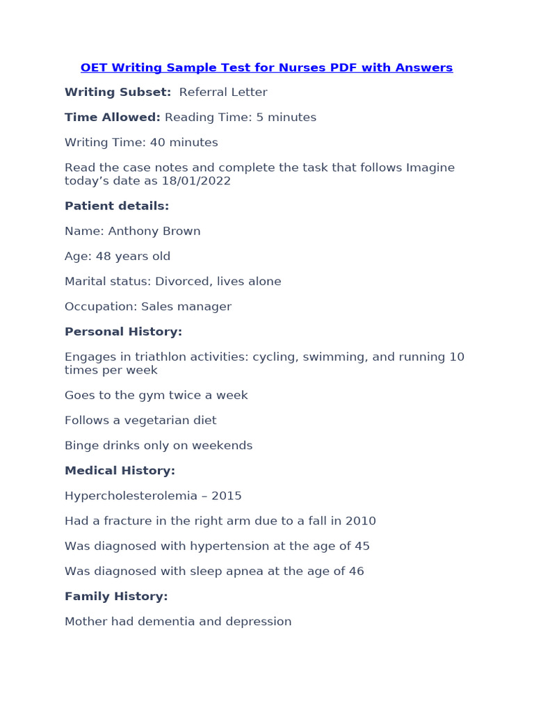 OET Writing Sample Test For Nurses PDF With Answers | PDF | Vertigo ...